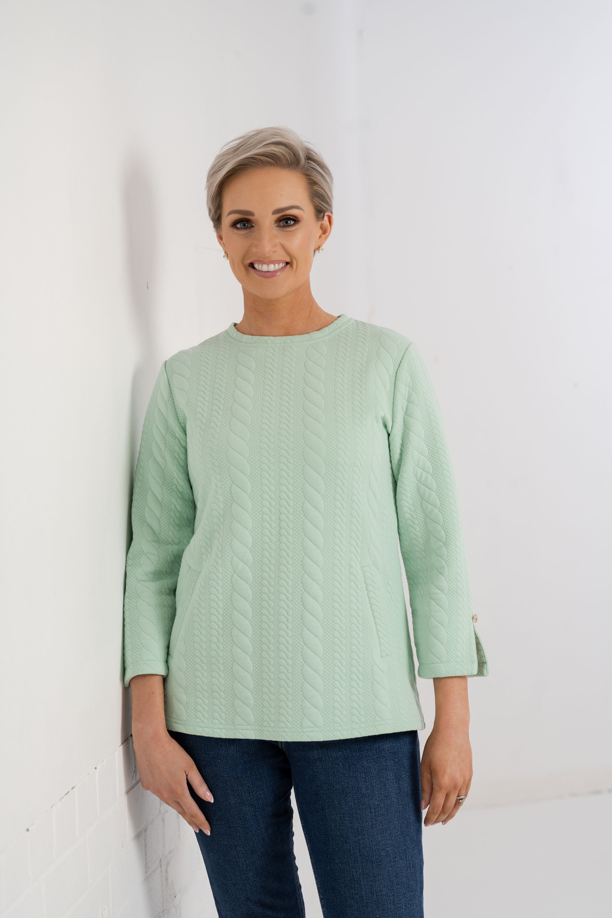 THE LAYLA Long Line Cabled Sweater - MINT – Laura Jane The Label